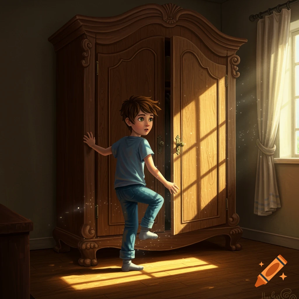 Boy entering a magic wardrobe on Craiyon