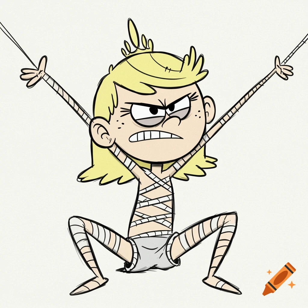 Digital sketch of a cartoon girl wrapped in ropes, looking angry. on ...