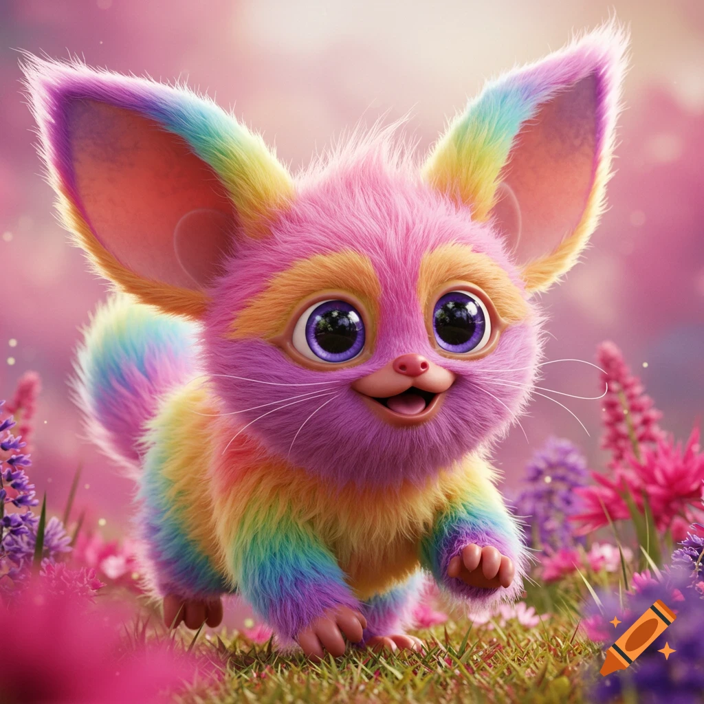 A cute fluffy creature with rainbow fur and large purple eyes runs ...