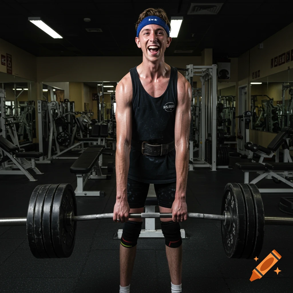 Skinny man confidently attempting a heavy barbell lift in a gym. on Craiyon