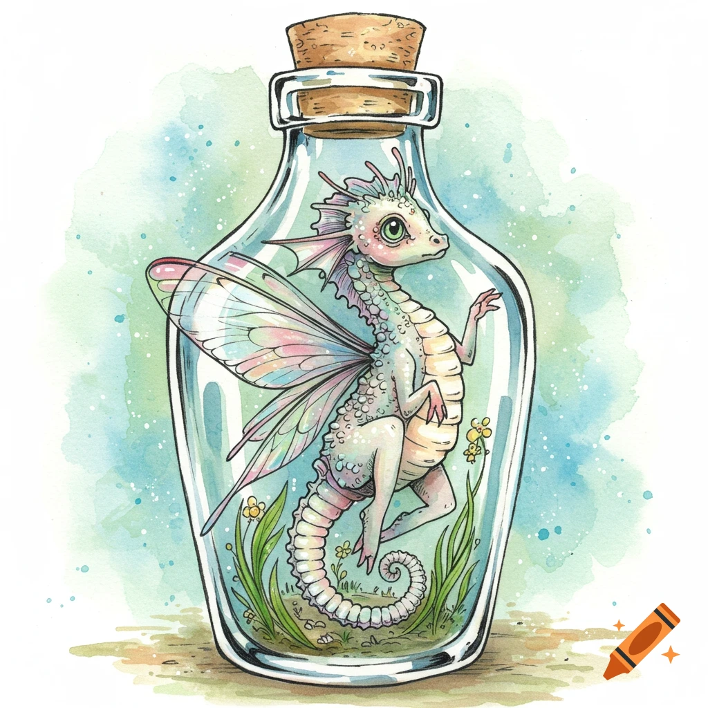 A small fantasy creature with wings and a curly tail inside a glass ...