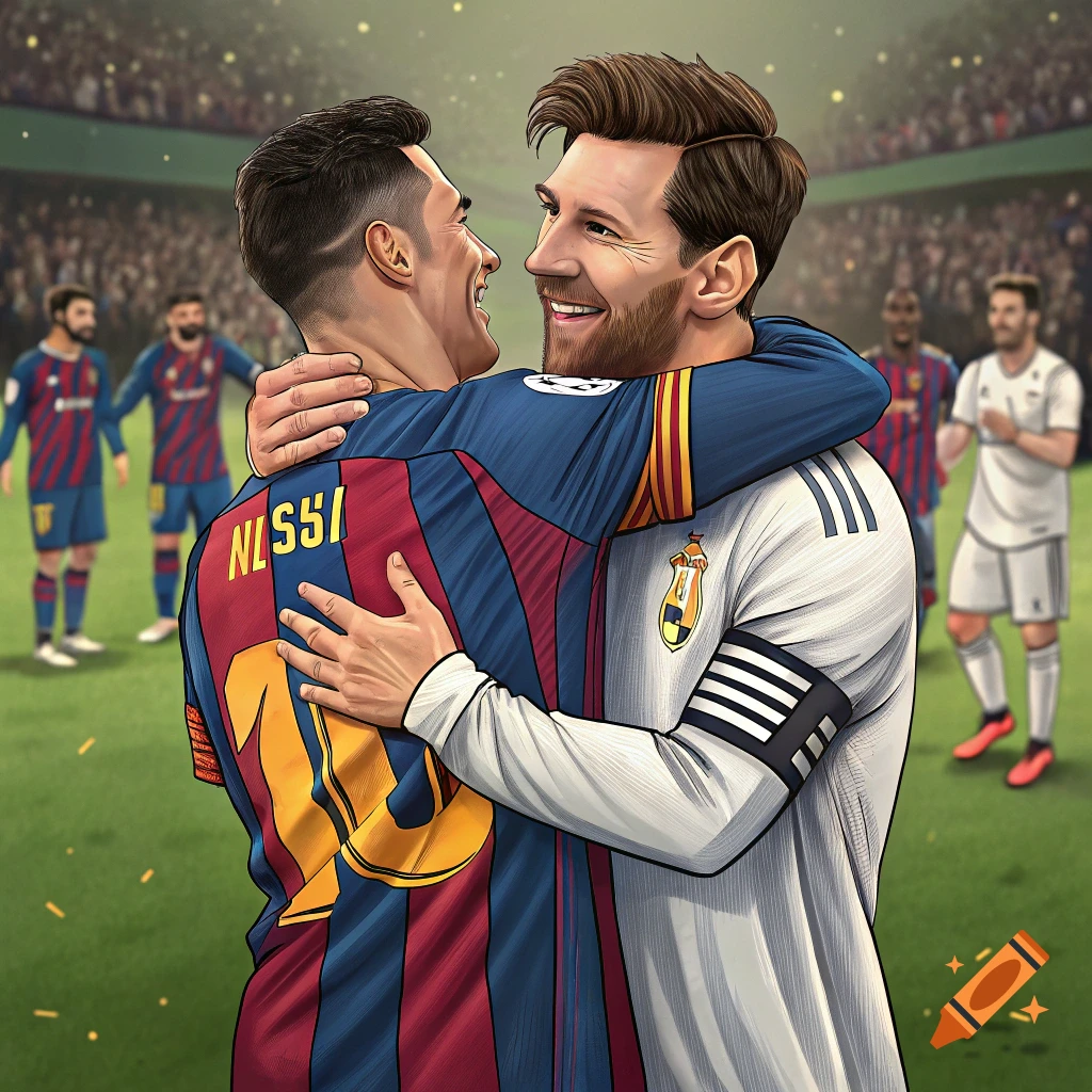 Cristiano Ronaldo hugging Lionel Messi on Craiyon