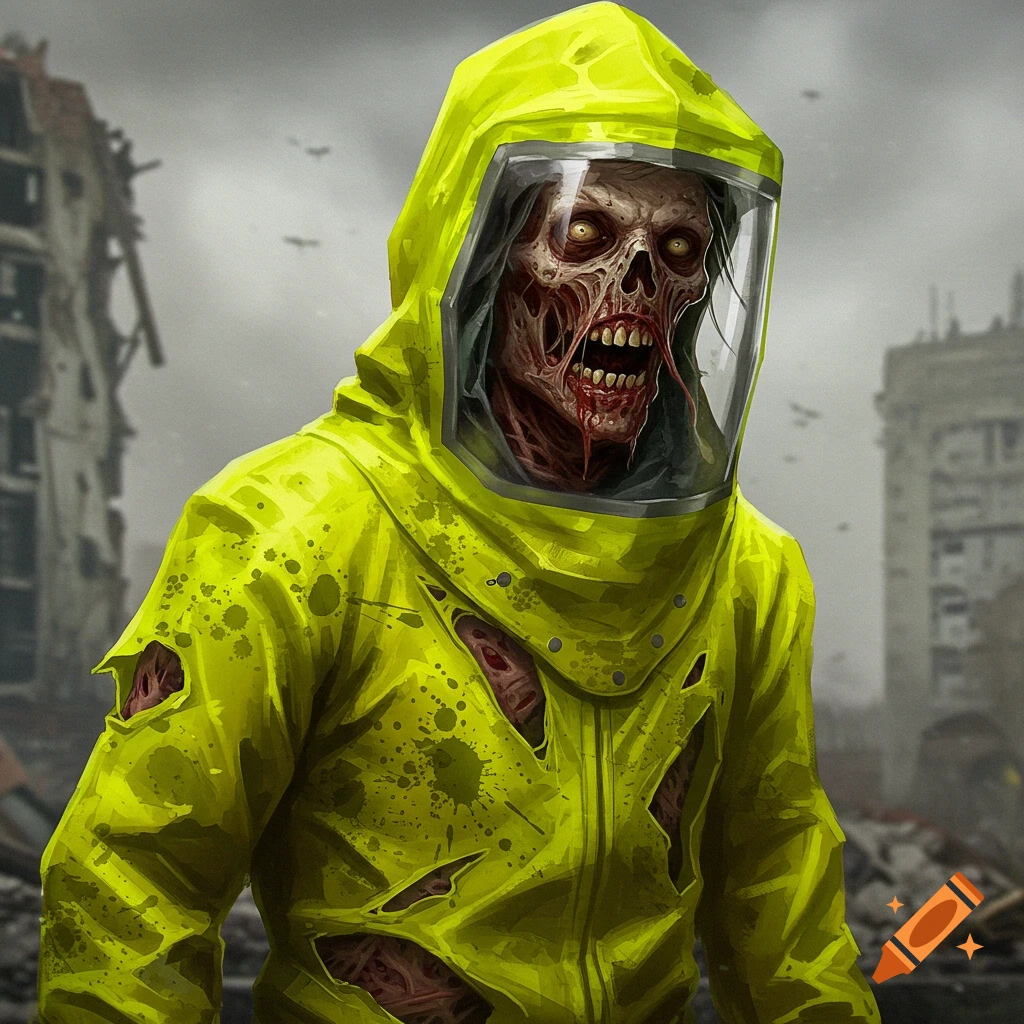 Yellow biohazard suit in a post-apocalyptic setting on Craiyon