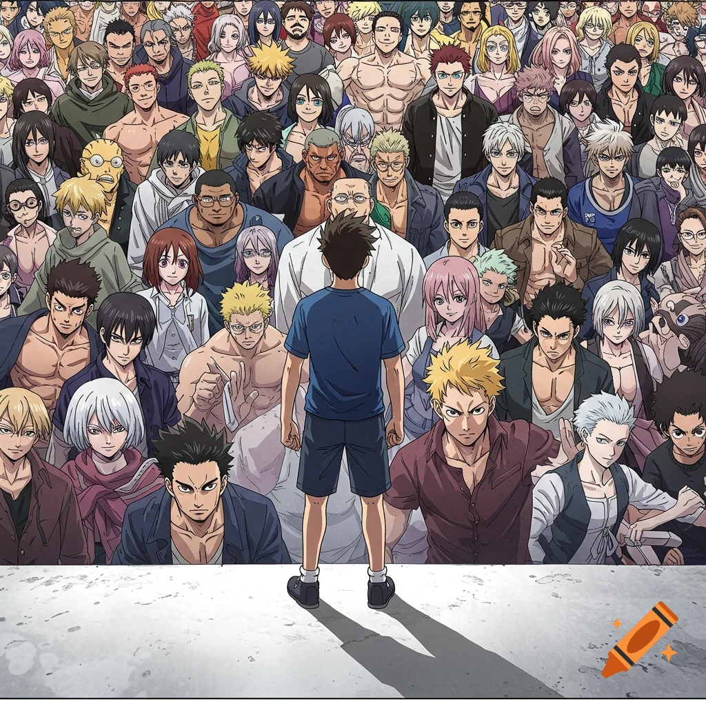 Anime style image of a man facing away from a crowd of male characters ...