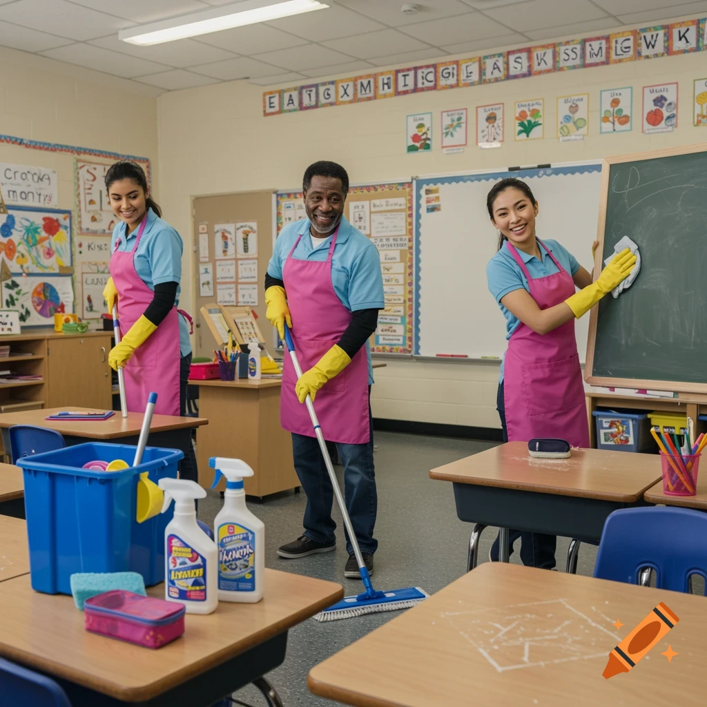 Smell Fresh Cleaning LLC school theme logo with people cleaning on Craiyon