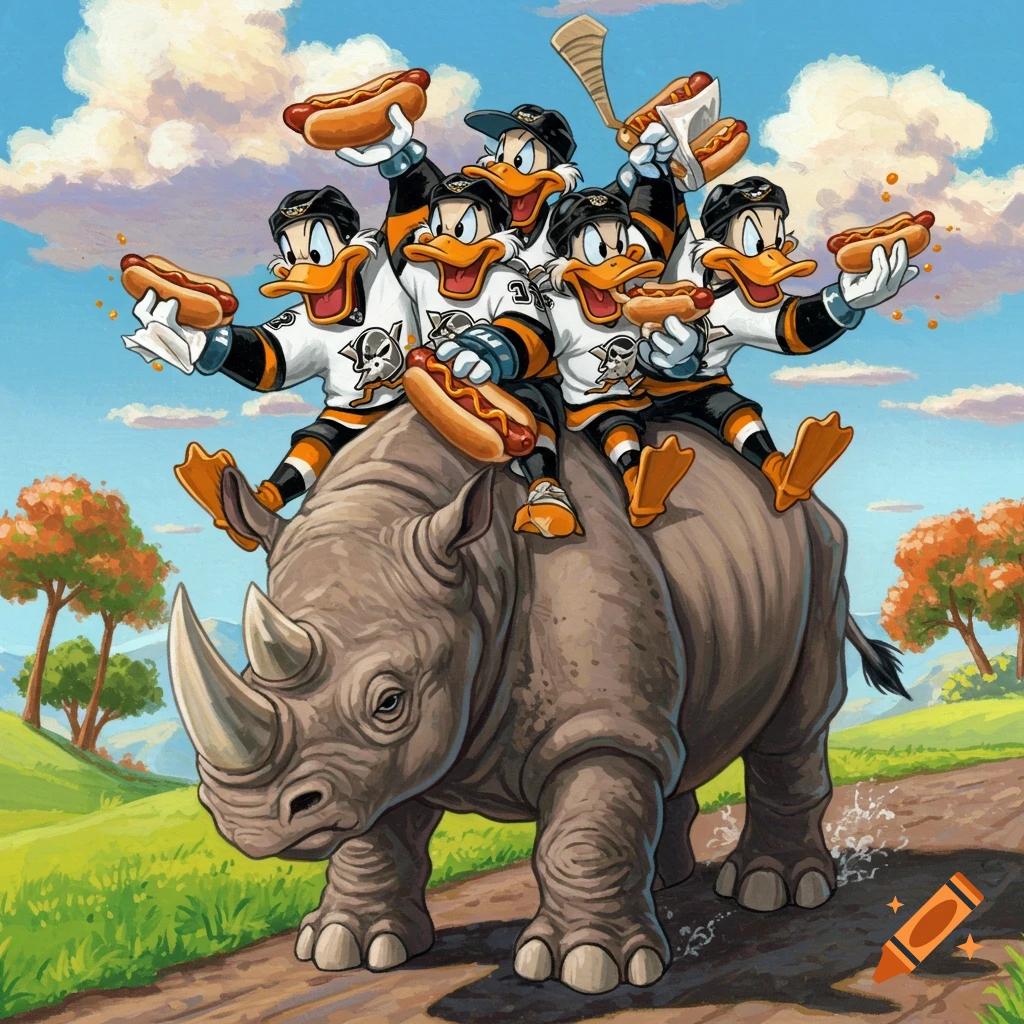 The Mighty Ducks riding a rhino while eating hot dogs on Craiyon
