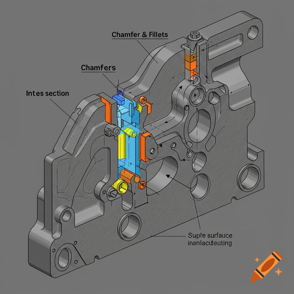 Machined metal parts showcasing chamfers and fillets on Craiyon