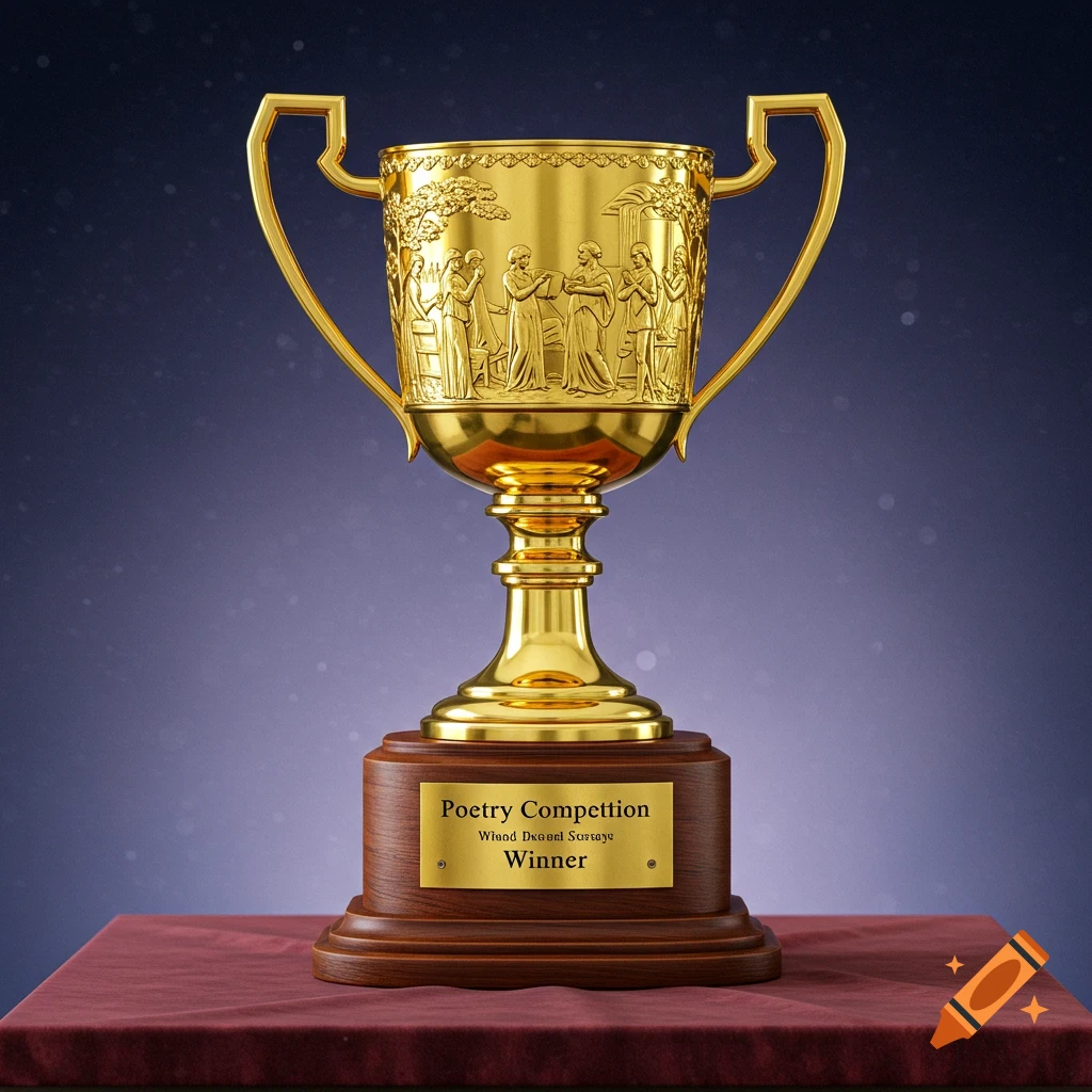 A gold golf trophy is swarmed by many red crabs on a green surface. on ...