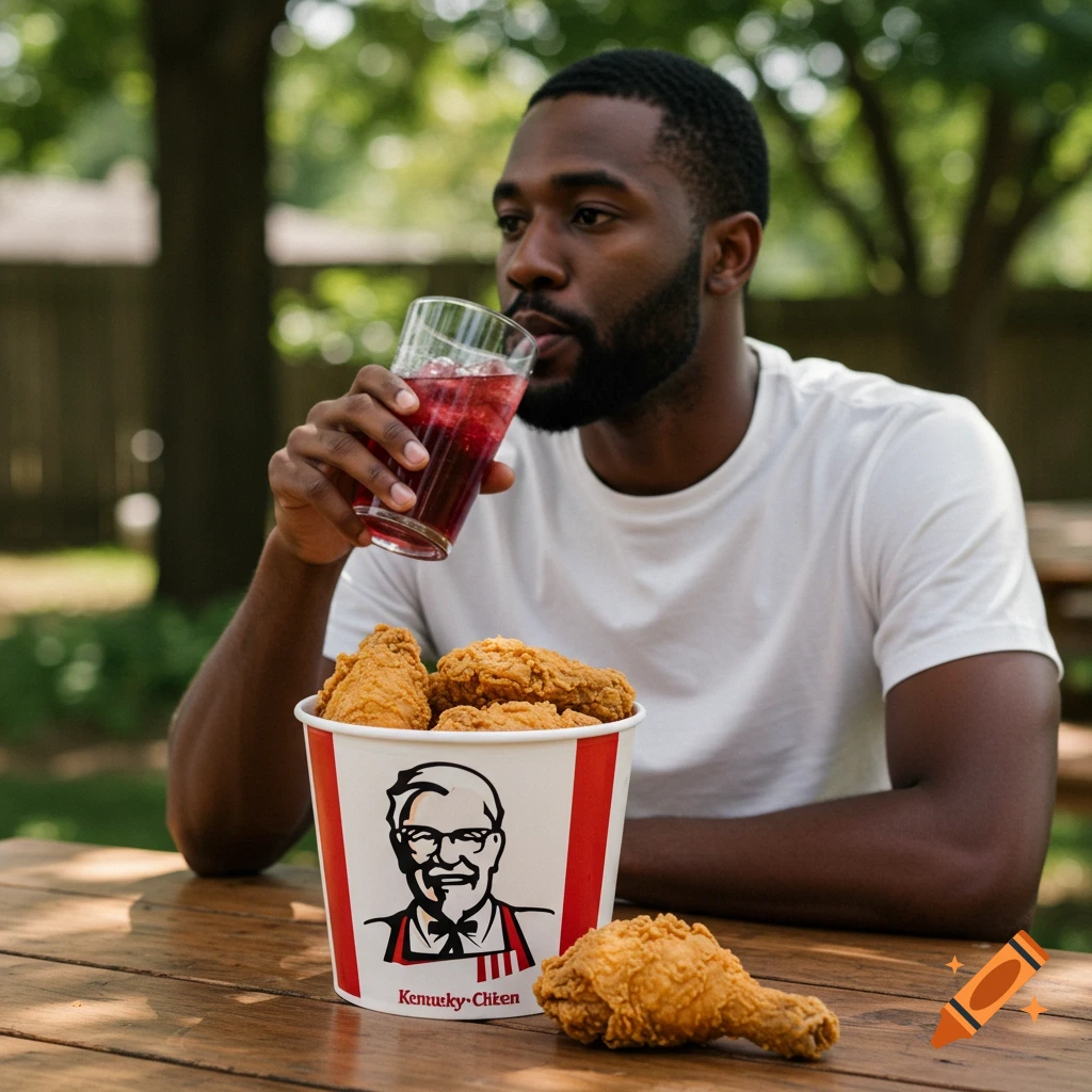 Black man drinking grape Kool-Aid with Kentucky Fried Chicken on Craiyon