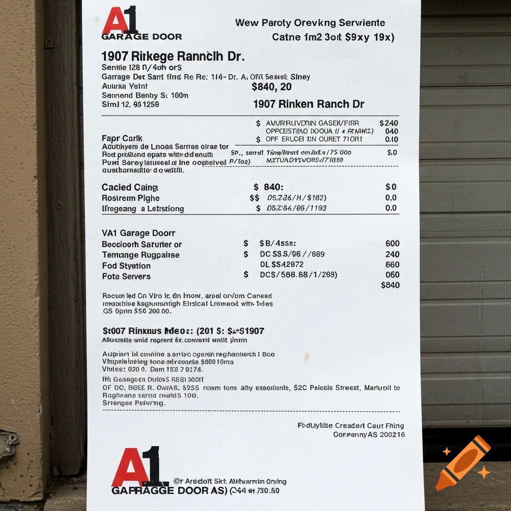 Realistic photo of a garage door repair receipt from A1 Garage Door for ...