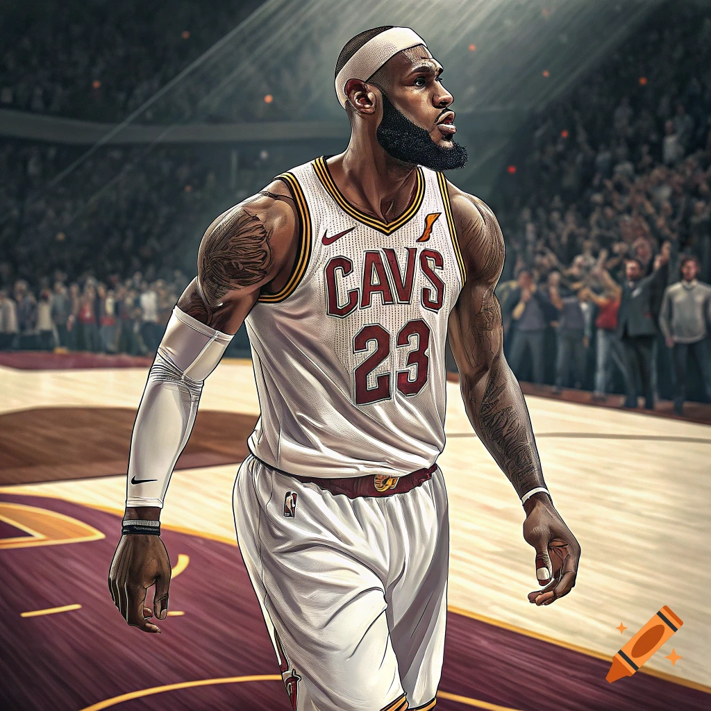 Illustration of LeBron James in a Cavaliers jersey standing on a court ...