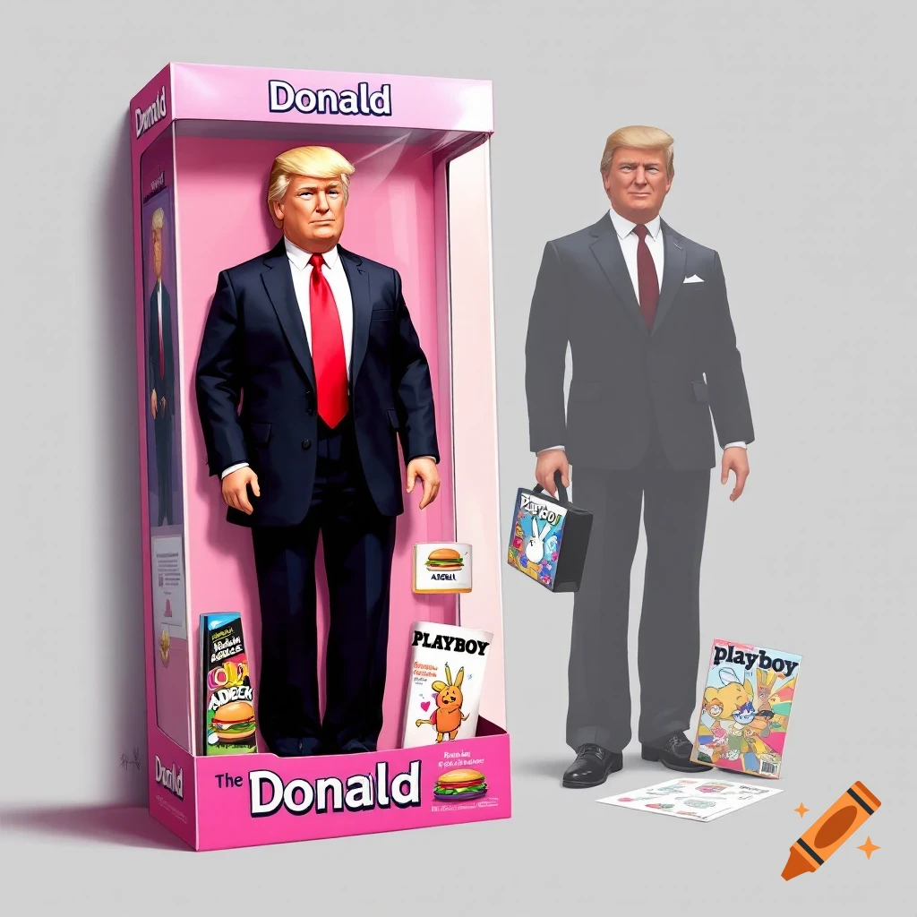 Donald Trump action figure in box with accessories on Craiyon