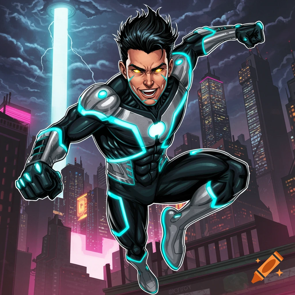 Blue-suited superhero with a cape flies over a city skyline in a comic ...