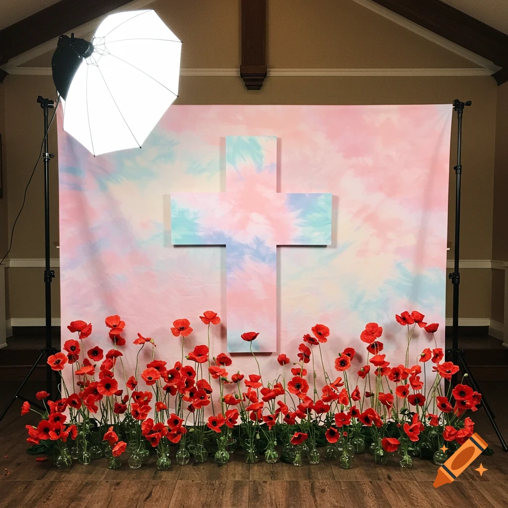 Photobooth backdrop with pastel tie-dye cross and poppy flowers in ...