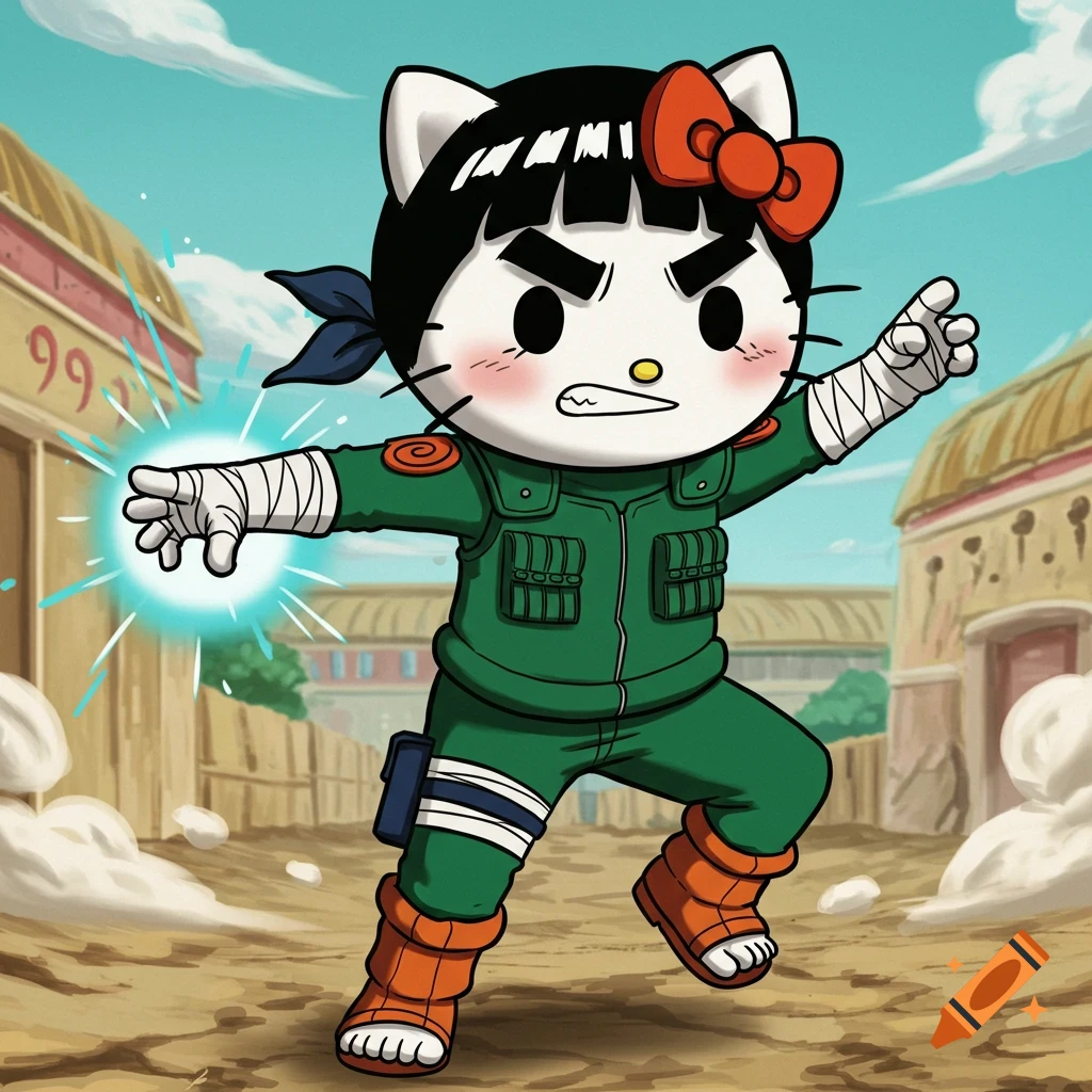 Hello Kitty dressed as Rock Lee performs a blue energy attack in a ...