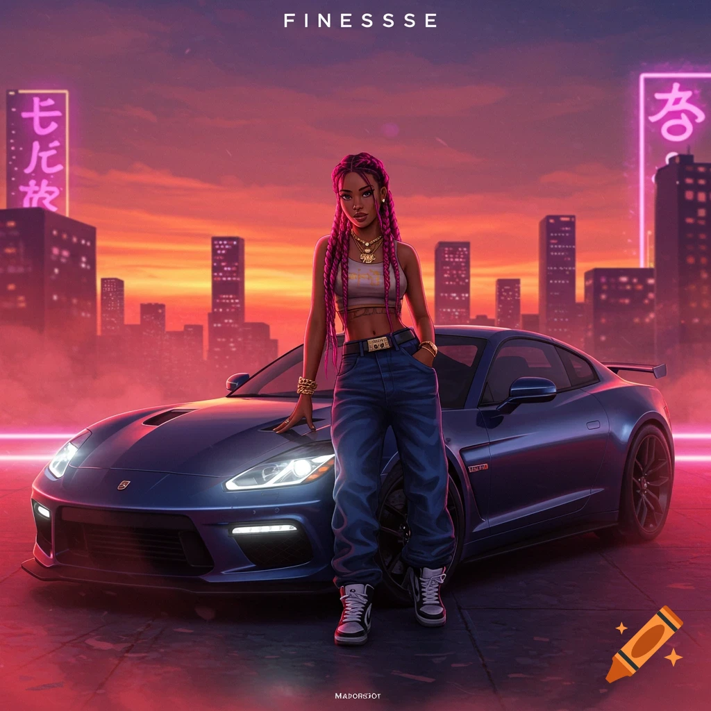 Trap-style girl posing with a car for an album cover on Craiyon