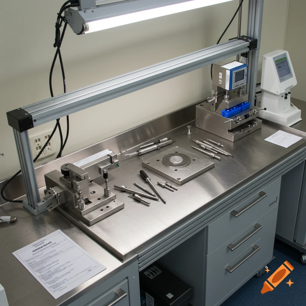 Cleanroom workstation with stainless steel tables and precision tools ...