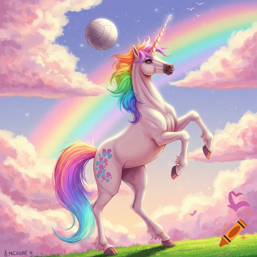 Volleyball playing unicorn with rainbows on Craiyon