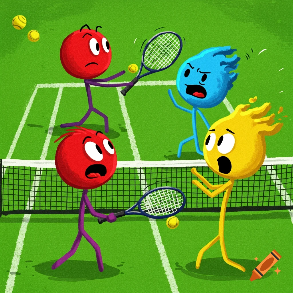 A person plays tennis against a large cartoon bee. The text 'TOM P' is ...