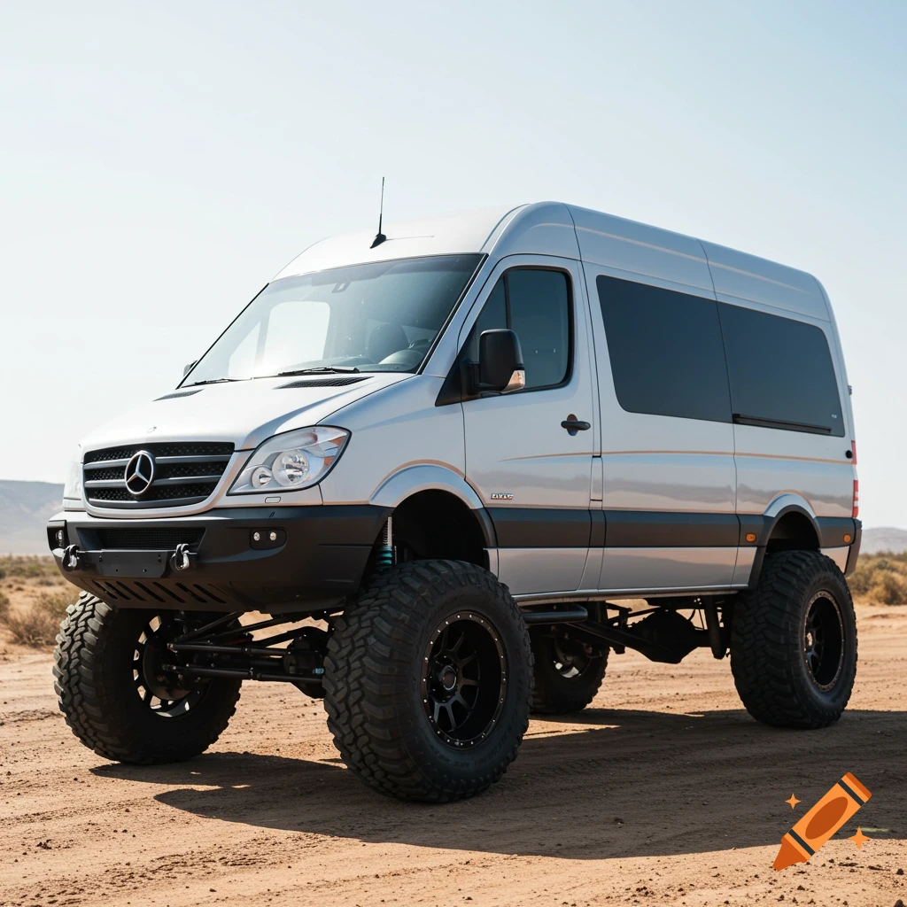A green Mercedes-Benz Sprinter van parked on a city street. on Craiyon