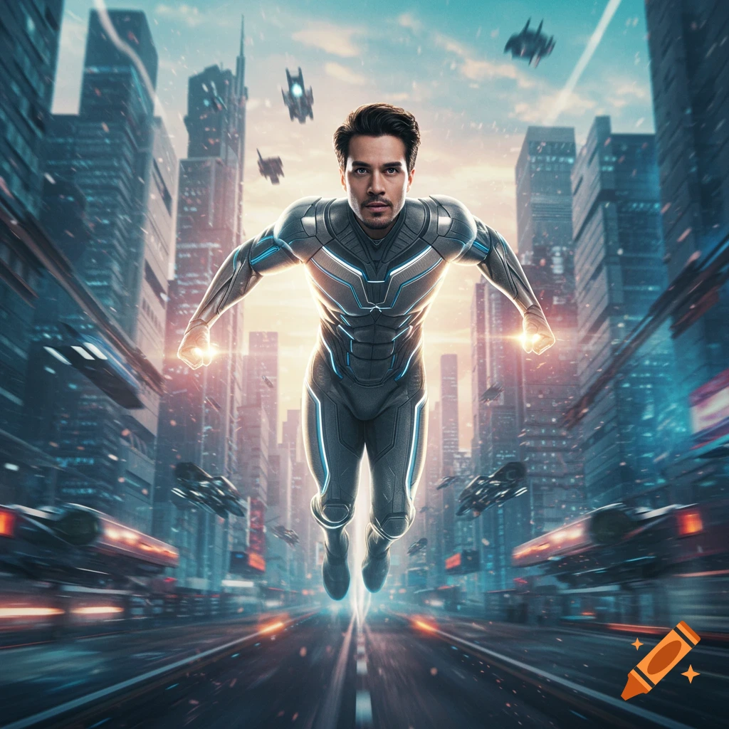 A young man in a blue, star-patterned superhero suit with a headset ...