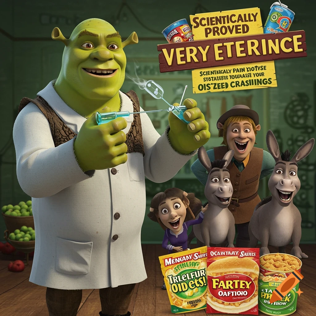 Advertisement of Shrek in a lab coat conducting a science experiment ...
