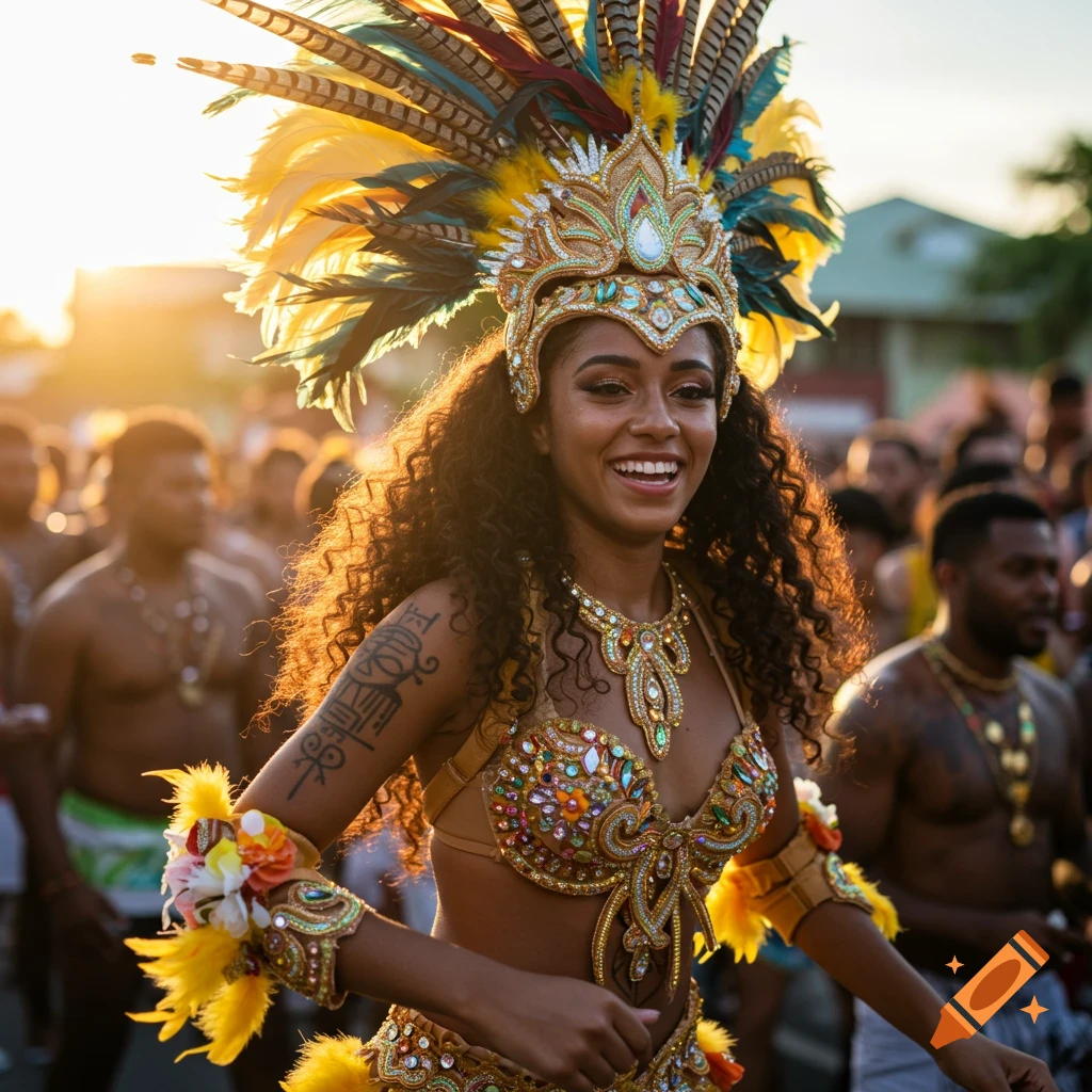 Brazilian woman in luminous Carnival costume dancing with grace on Craiyon