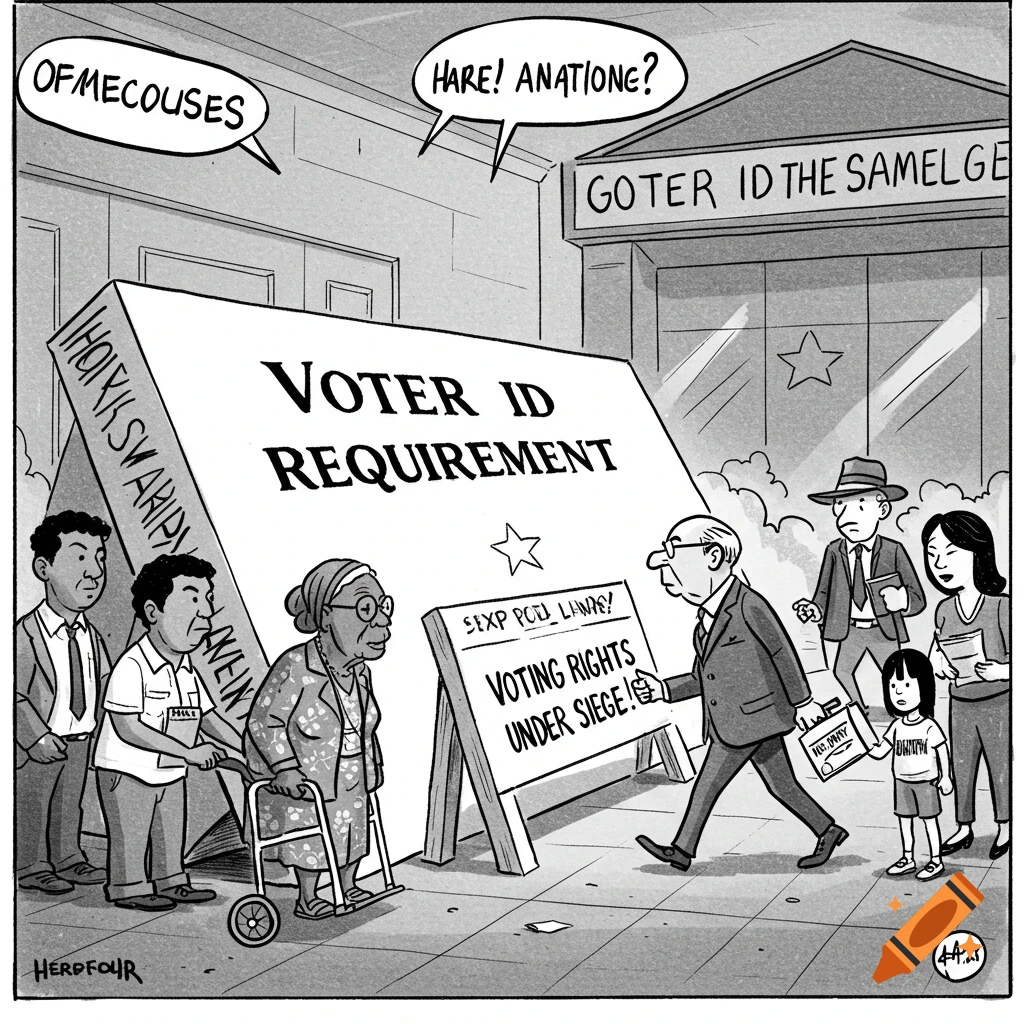 Black and white political cartoon of Voter ID sign blocking diverse ...