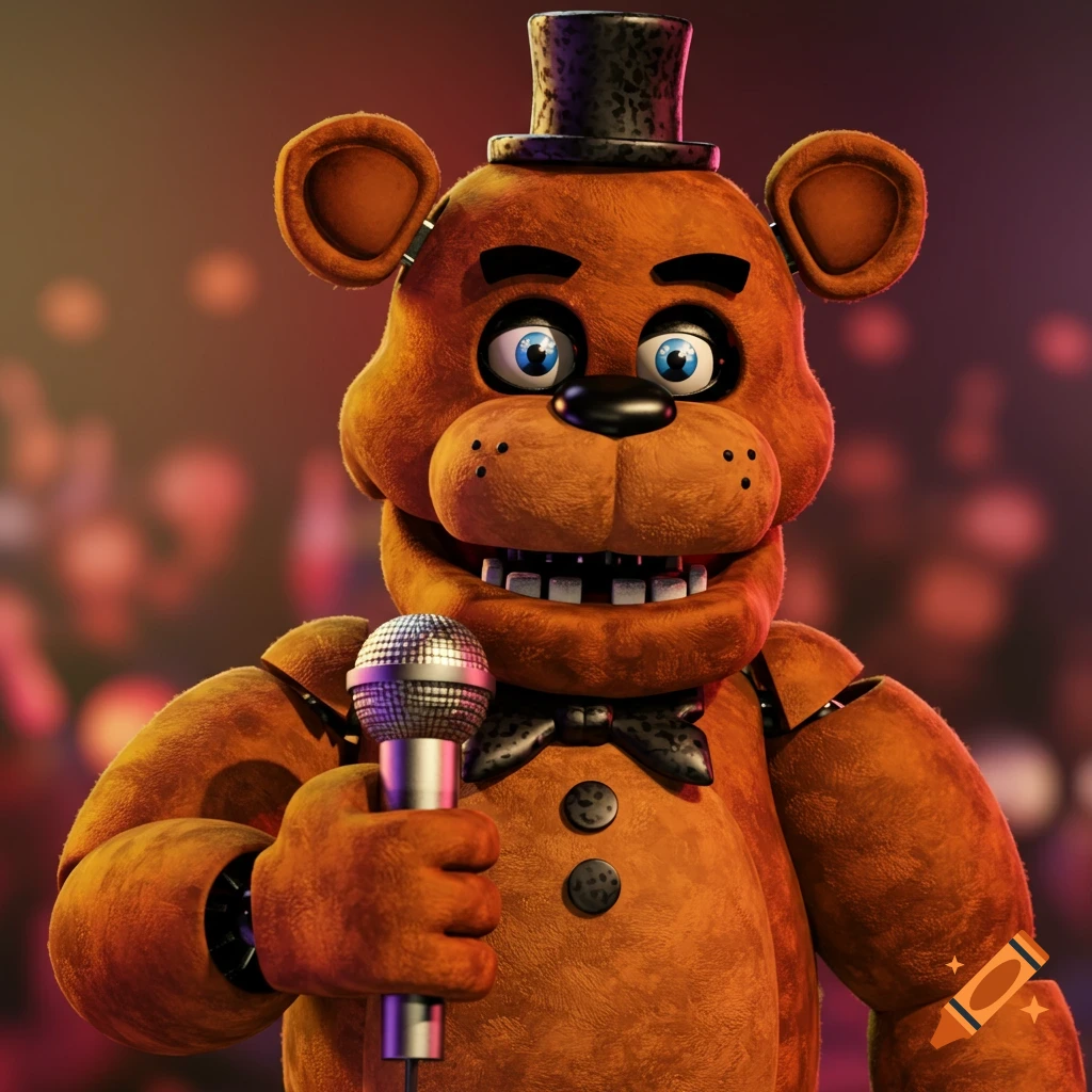 Toy animatronic bear holding a microphone and cupcake with a candle in ...