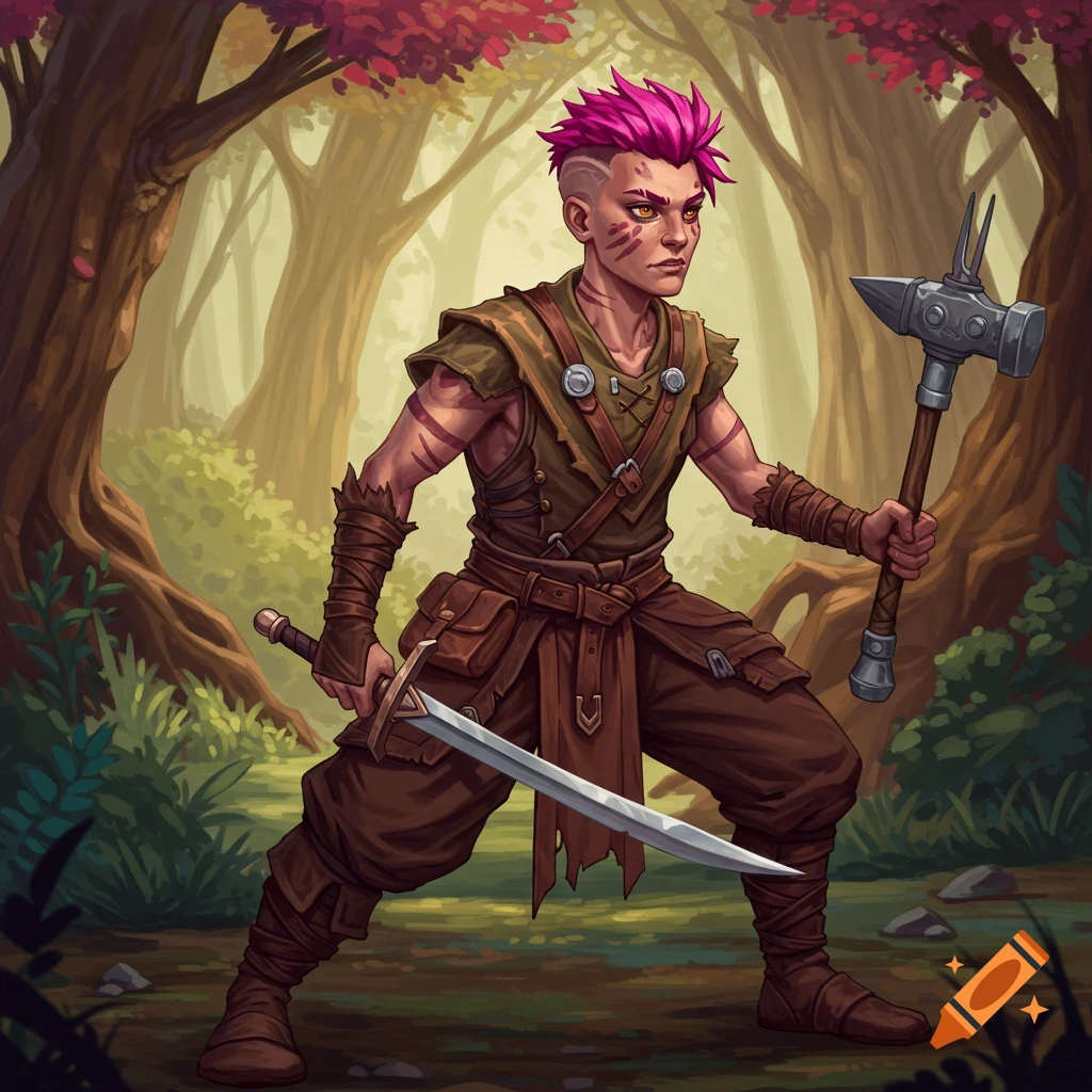 Humblewood mapach fighter with pink hair, short sword, and light hammer ...