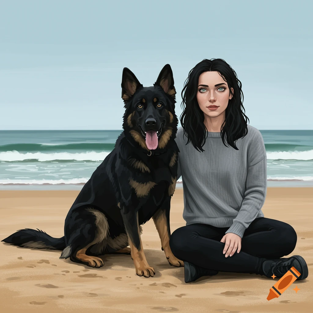 Black German Shepard and a woman at the beach on Craiyon