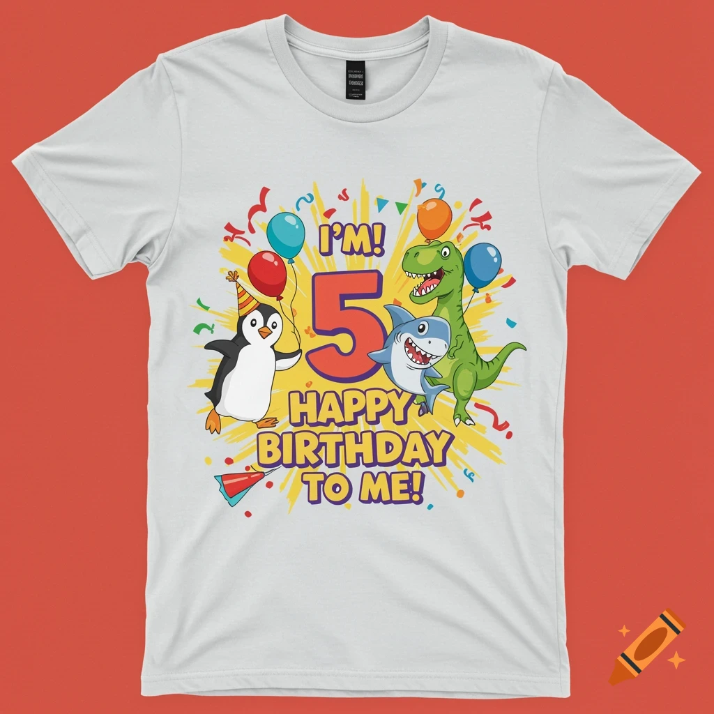 Penguin, shark, and T-Rex on a birthday shirt on Craiyon