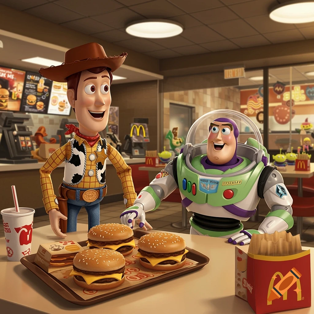 Woody and Buzz Lightyear at McDonalds eating burgers from Toy Story ...