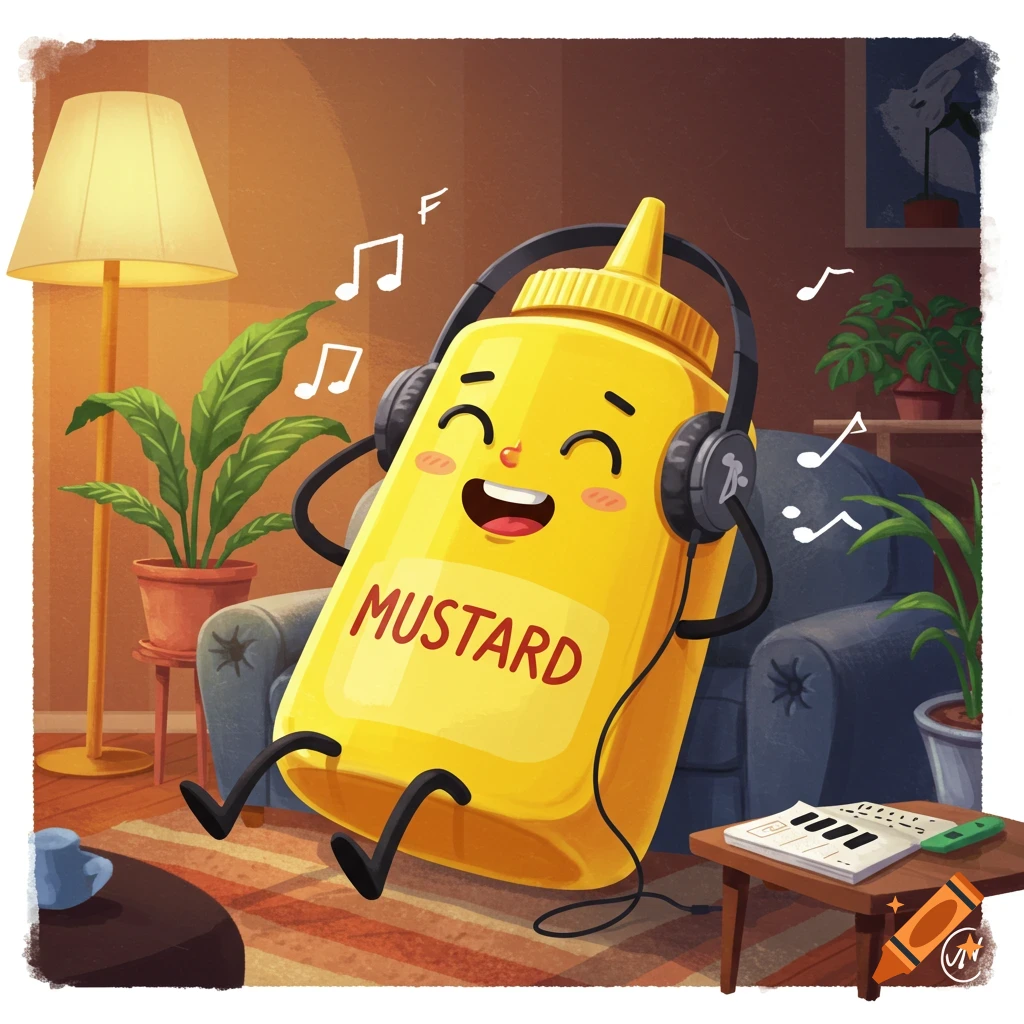 A cartoon bottle of mustard with arms and legs wears headphones and ...