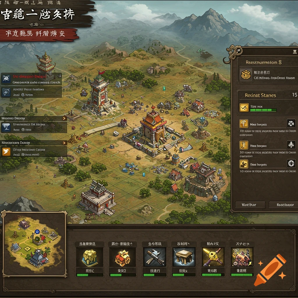 Game interface and map resembling Romance of the Three Kingdoms and ...