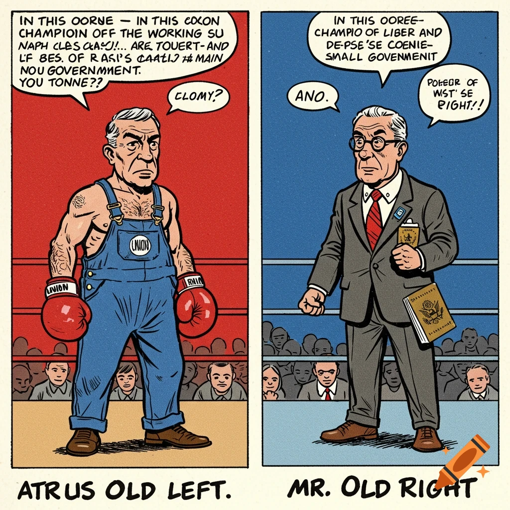 Comic panel of Mr. Old Left vs. Mr. Old Right in a boxing ring. on Craiyon