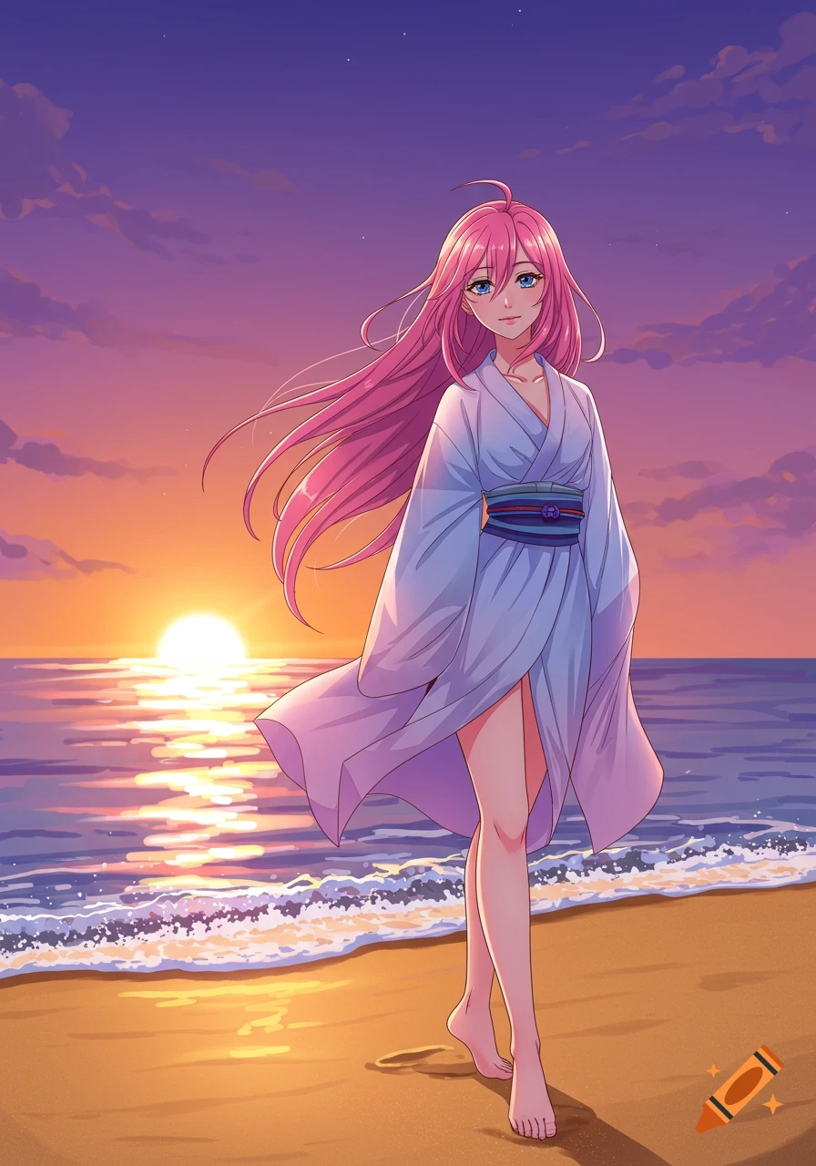 Anime girl in a pink ruffled bathing suit walking on a sunny beach with ...