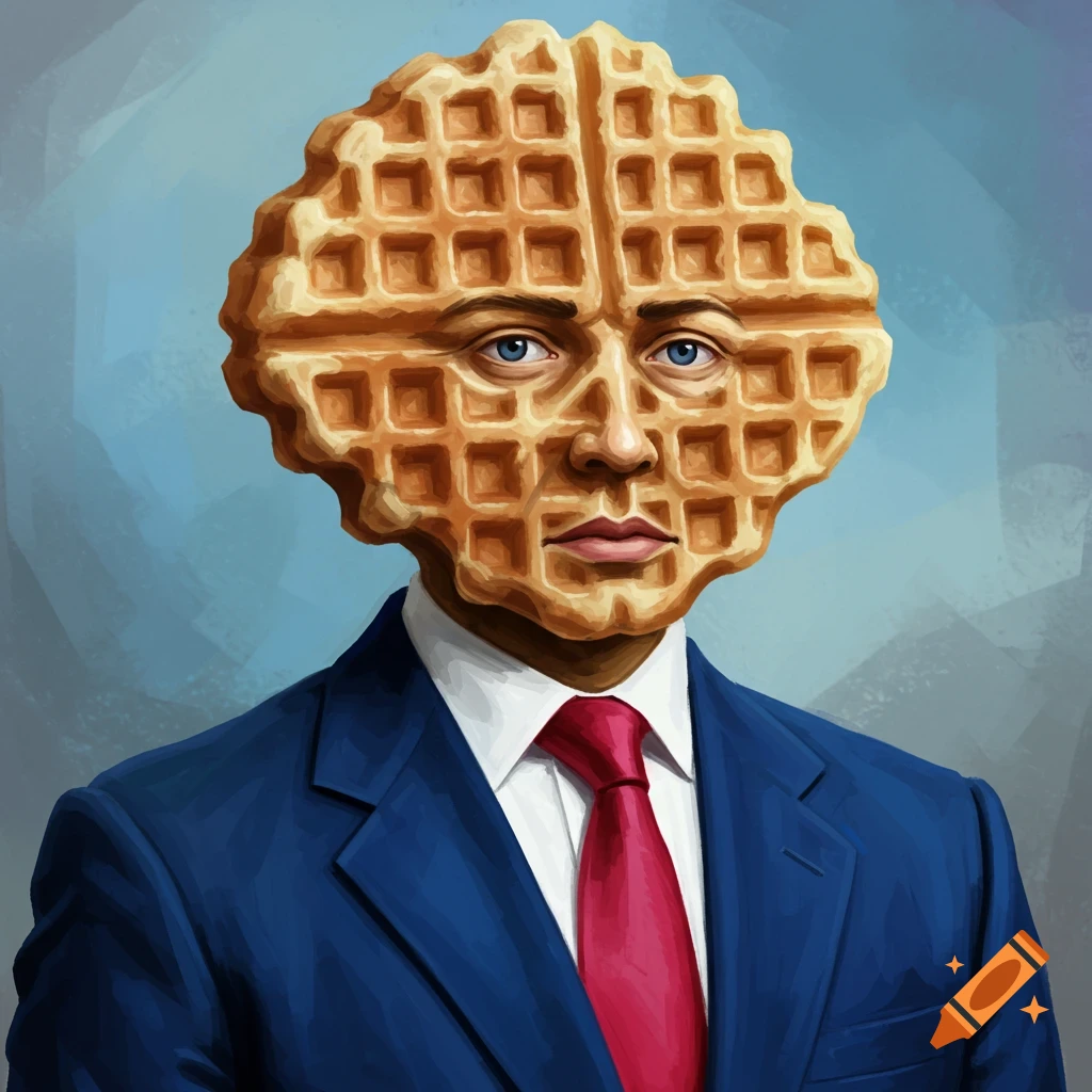 Man in blue suit with red tie and waffle head on Craiyon