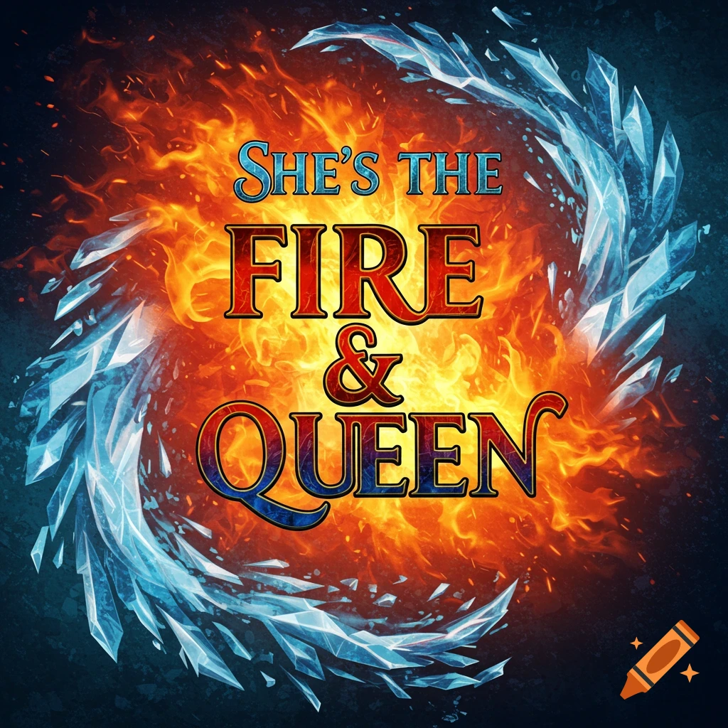 She's The Fire & Ice Queen text with fire and ice on Craiyon