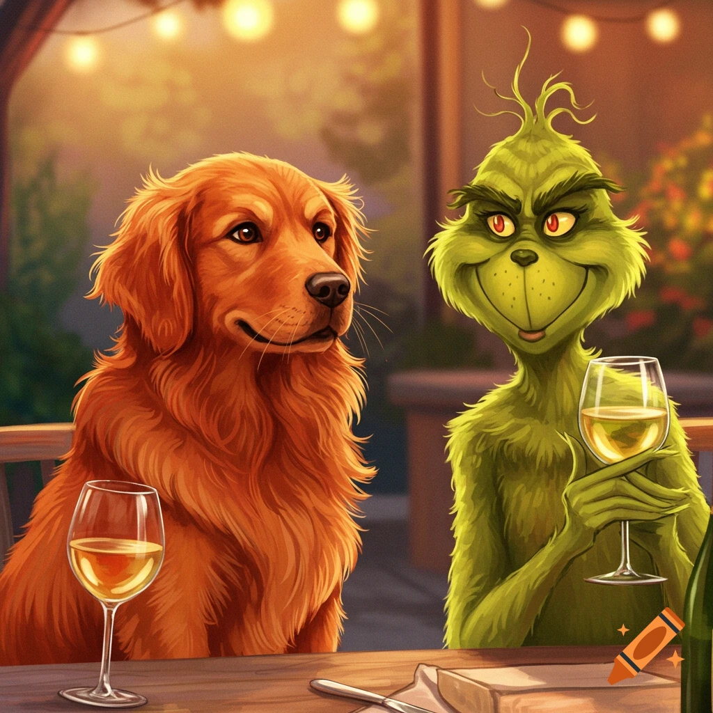 Cartoon of red golden retriever and the Grinch drinking white wine on ...
