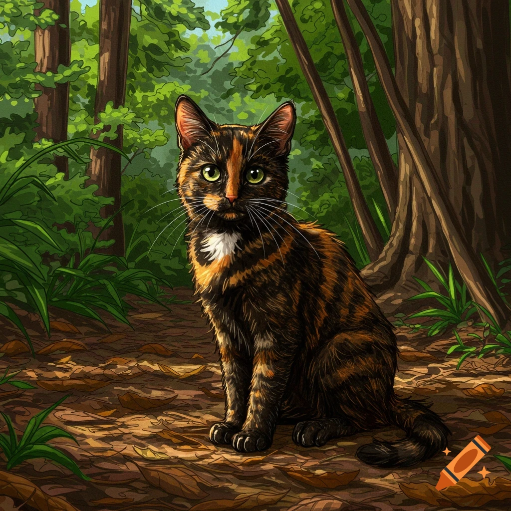 Sketch of a tortoiseshell cat in backyard woods setting, East Coast ...