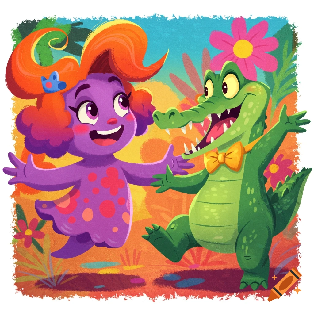 Cartoon illustration of a purple creature and a green alligator dancing ...