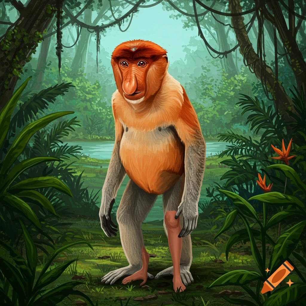 Proboscis monkey with human feet and tree limb arms and legs on Craiyon