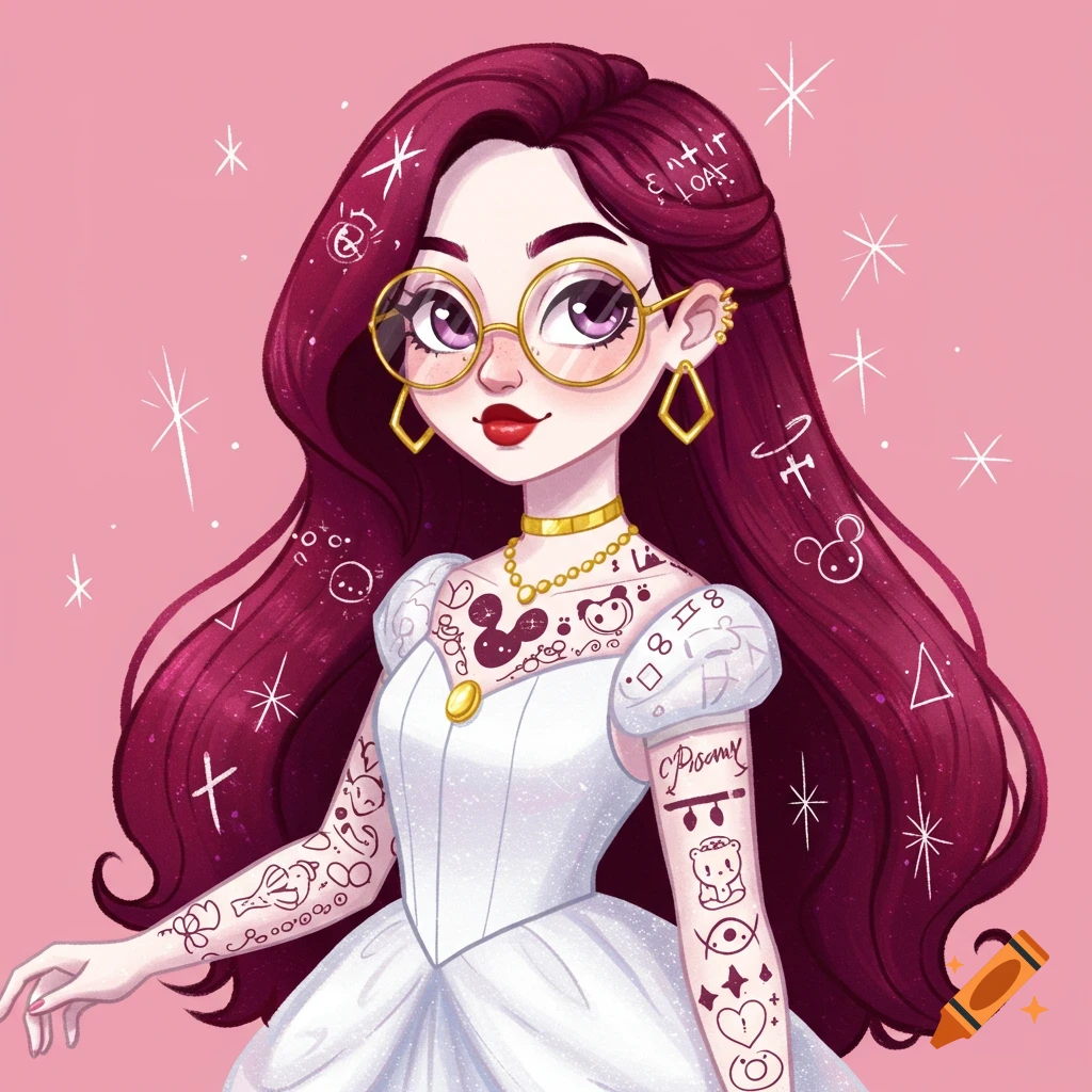 Lorcana style art of a white princess with maroon hair, Disney tattoos ...