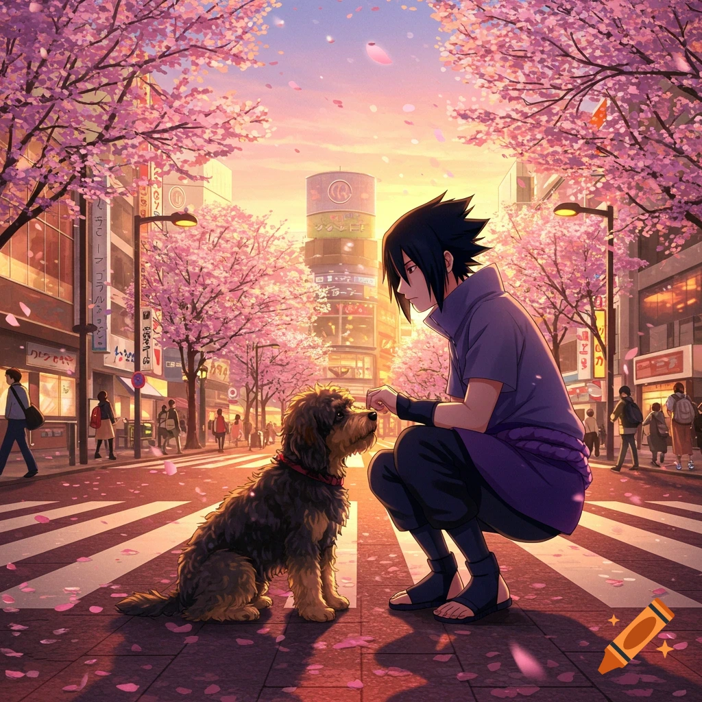 Sasuke Uchiha petting a black golden doodle in Shibuya Crossing with ...