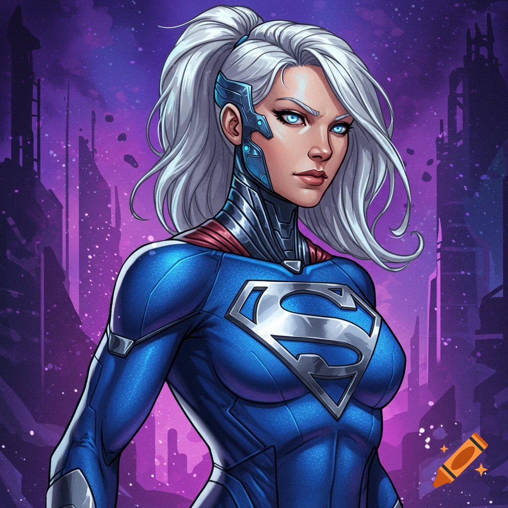 Kryptonian woman with silver hair in a super suit on Craiyon