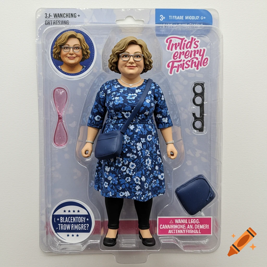 3D action figure toy of a short woman in a blue floral dress in blister ...