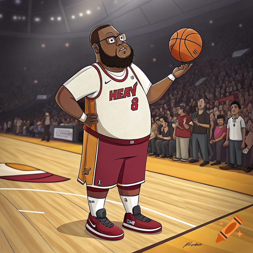 Cartoon basketball player dunks on a pink blob creature in a stadium ...