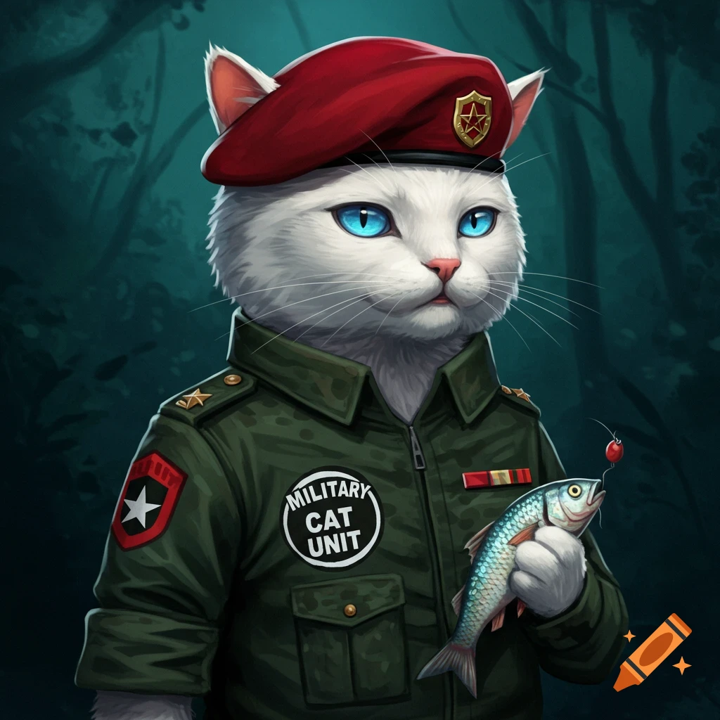 White cat with blue eyes and fish wearing military attire with red berets and a round logo. on ...