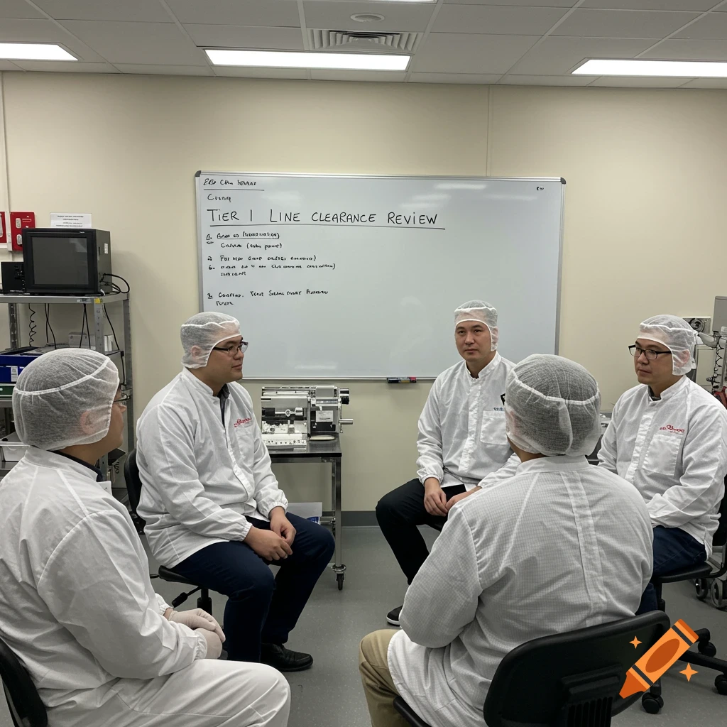 Whiteboard in a clean room with people reviewing 'Tier 1 Line clearance ...
